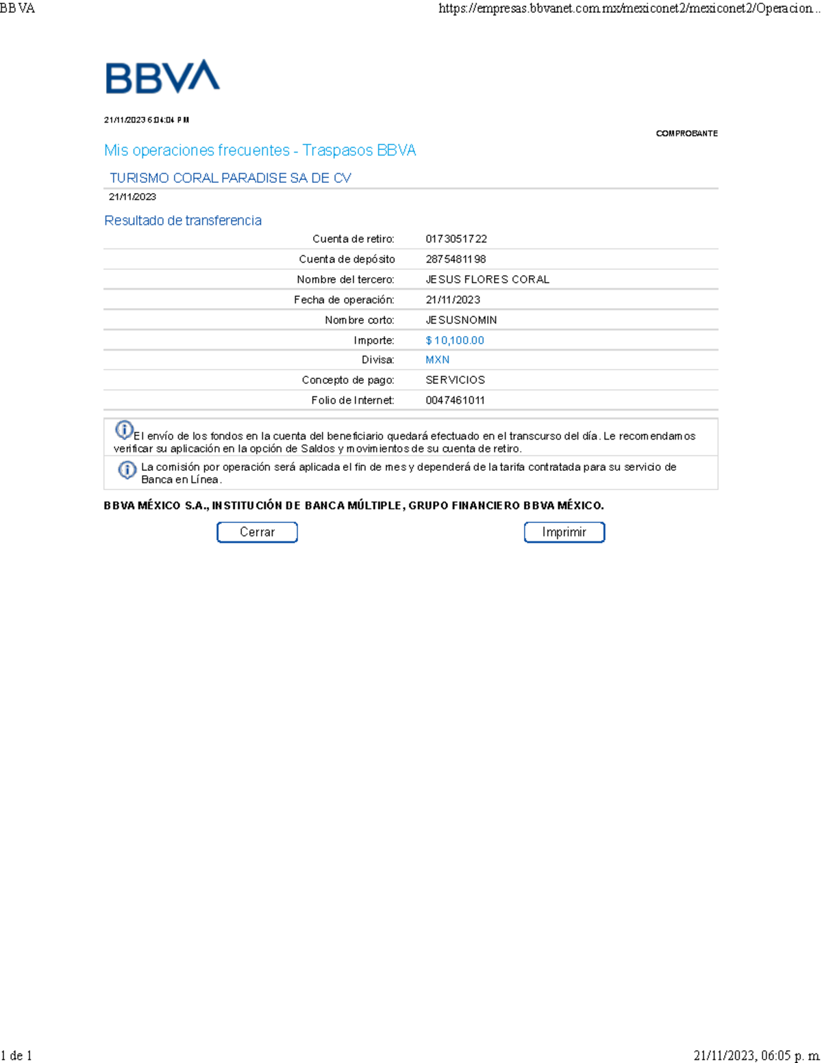 BBVA Refacciones 01 Y Movilidad 05 - 21/11/2023 6:04:04 PM COMPROBANTE Mis operaciones ...