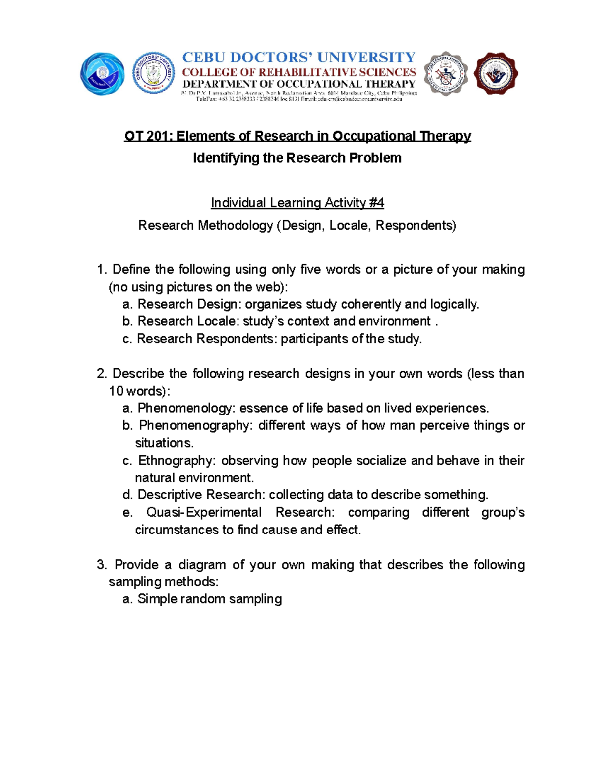 OT 204 ILA #4 - OT 201: Elements of Research in Occupational Therapy ...