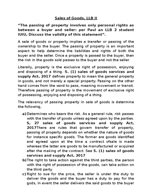 LAW OF SALE OF Goods Notes - LAW OF SALE OF GOODS Law applicable: The ...