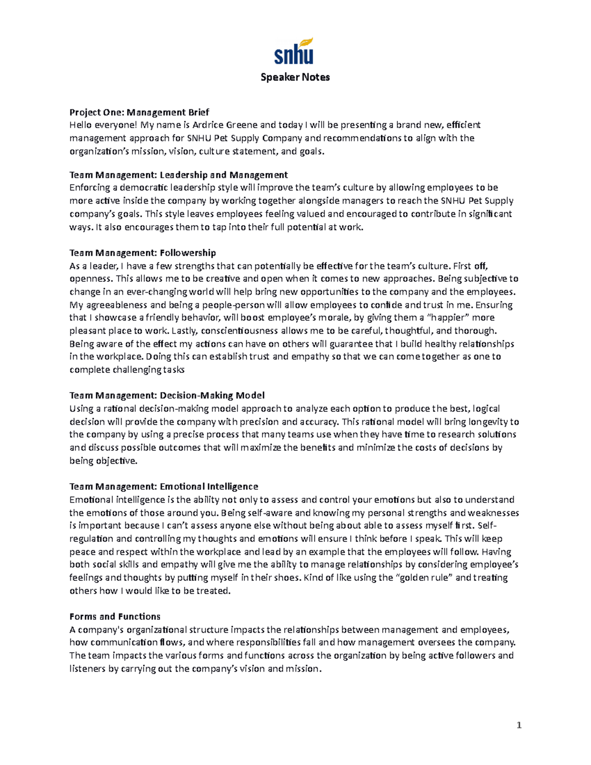 Project 1 Speaker Notes - Speaker Notes Project One: Management Brief ...