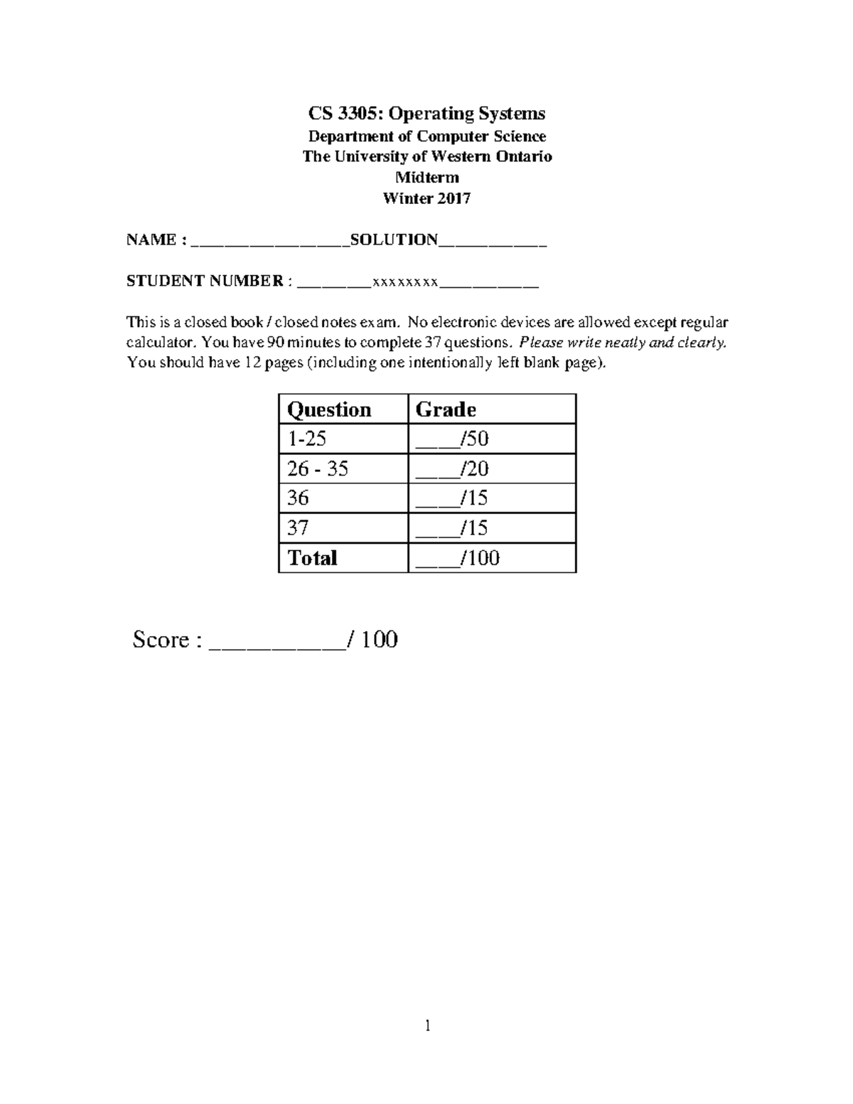 CS3305B Midterm Exam Solution Winter 2017 - CS 3305: Operating Systems ...
