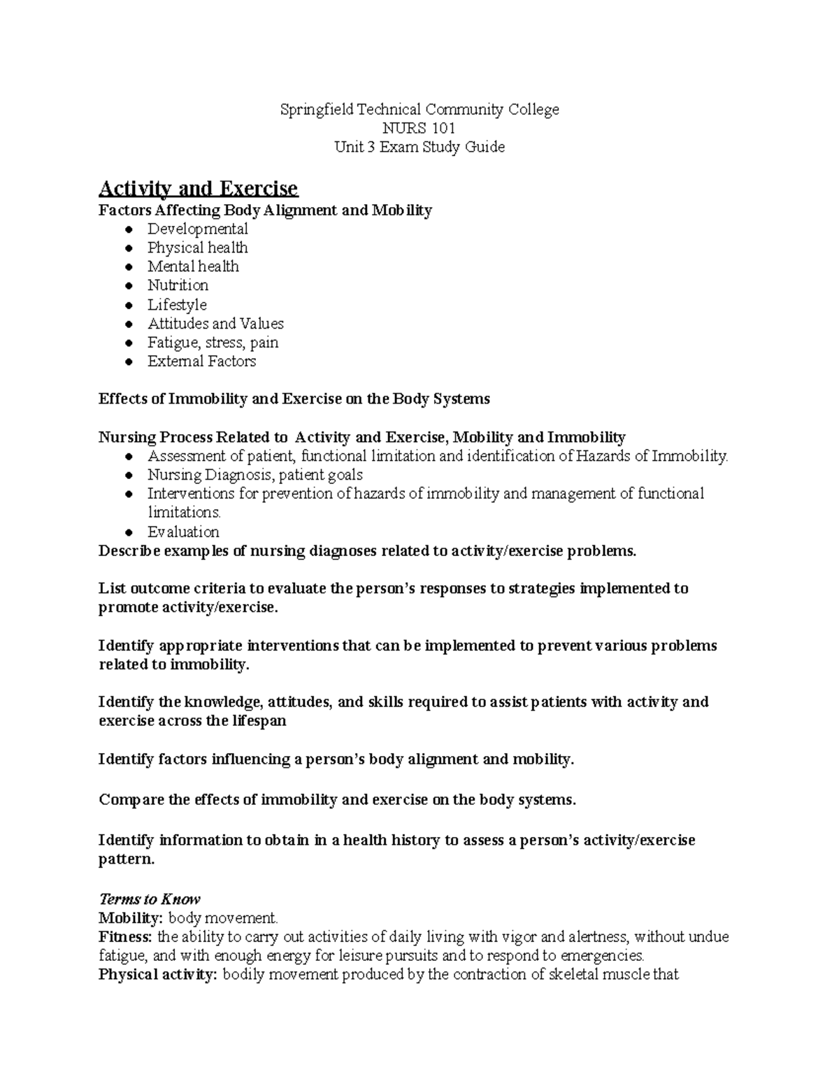 Exam 3 Outline - Study Guide - Springfield Technical Community College ...