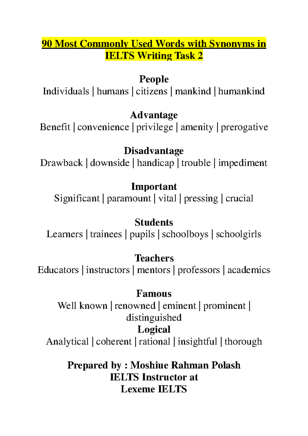 90 Most Commonly Used Words with Synonyms in Ielts Writing Task 2 - Studocu