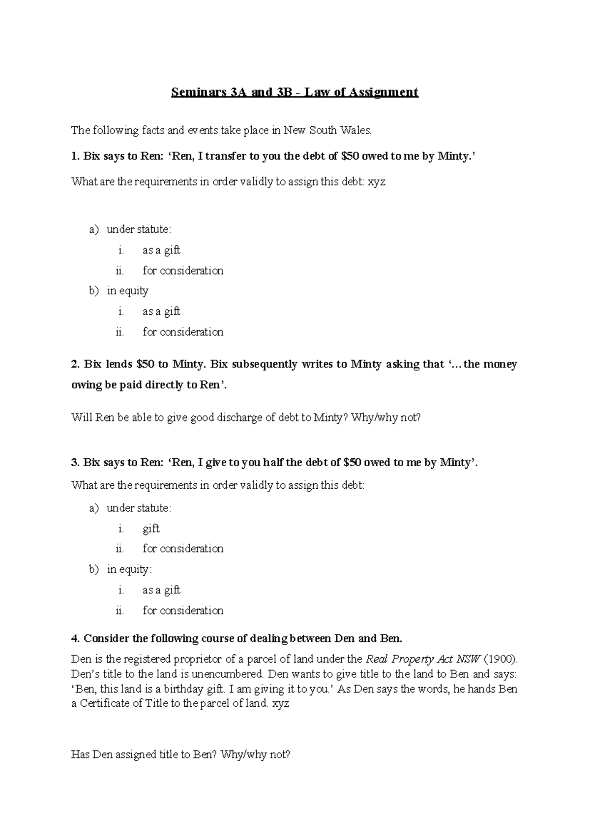 Questions on Law of Assignment - Seminars 3A and 3B - Law of Assignment ...