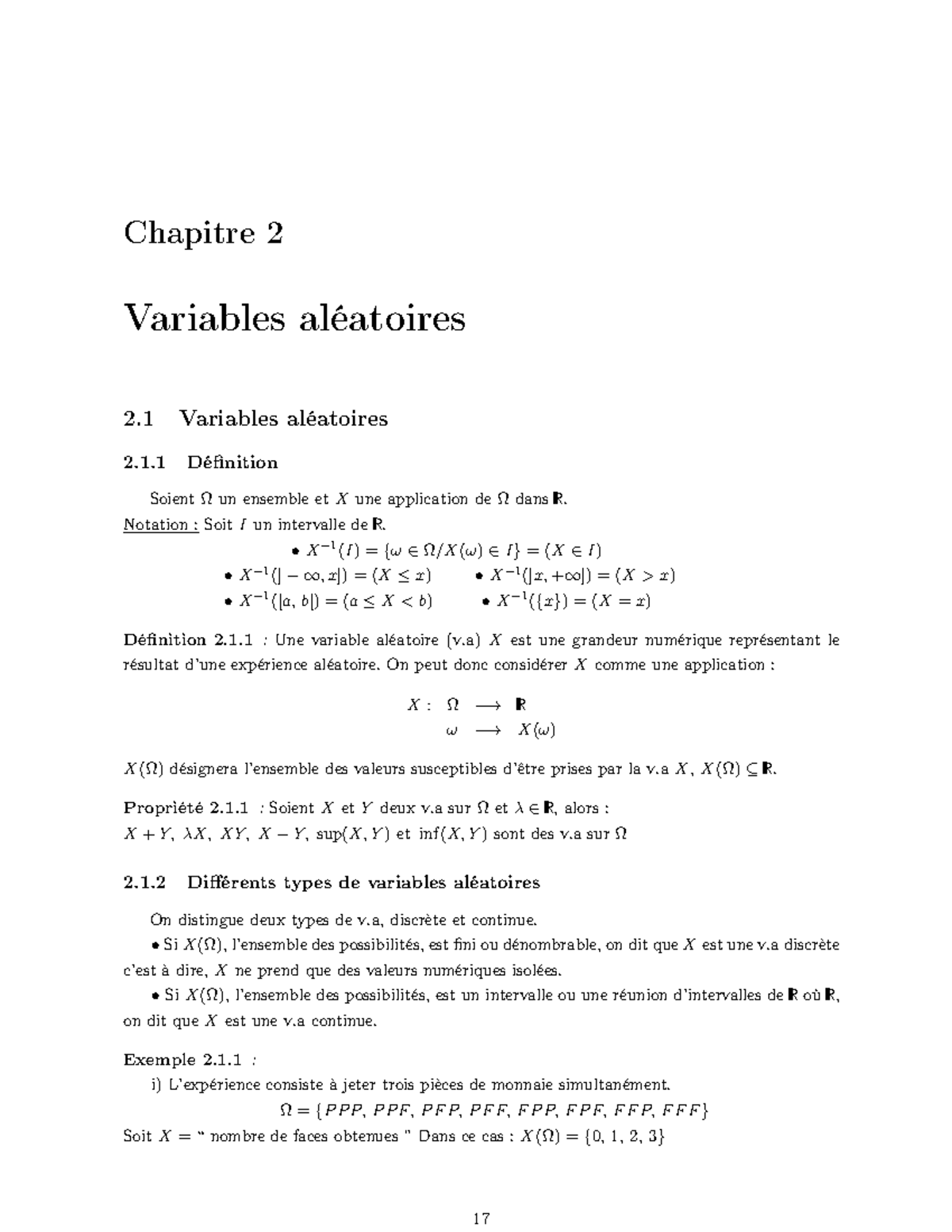 Cours Probabilite chapitre 2 - Chapitre 2 Variables aléatoires 2 ...