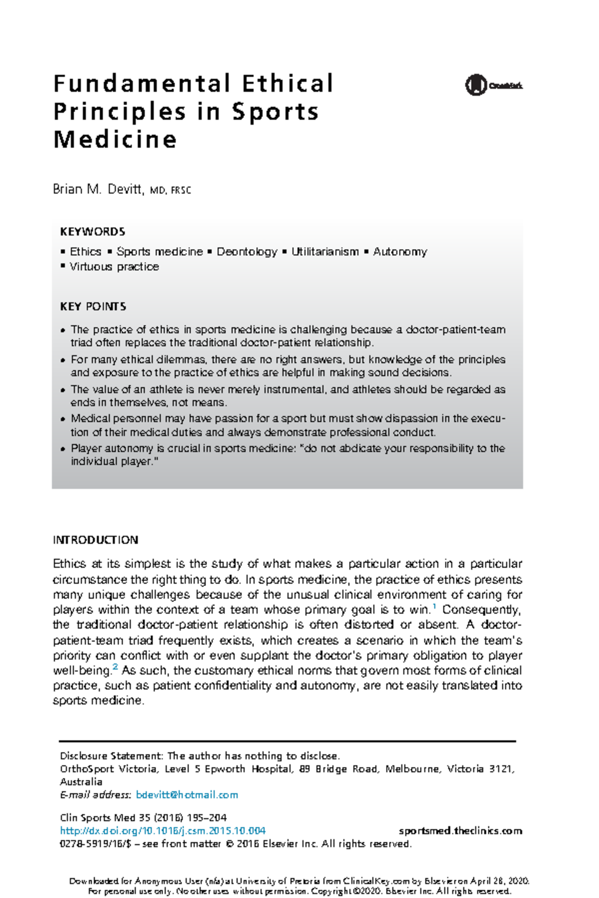 Fundamental ethical principles in sports medicine - F u n d a m e n t a ...
