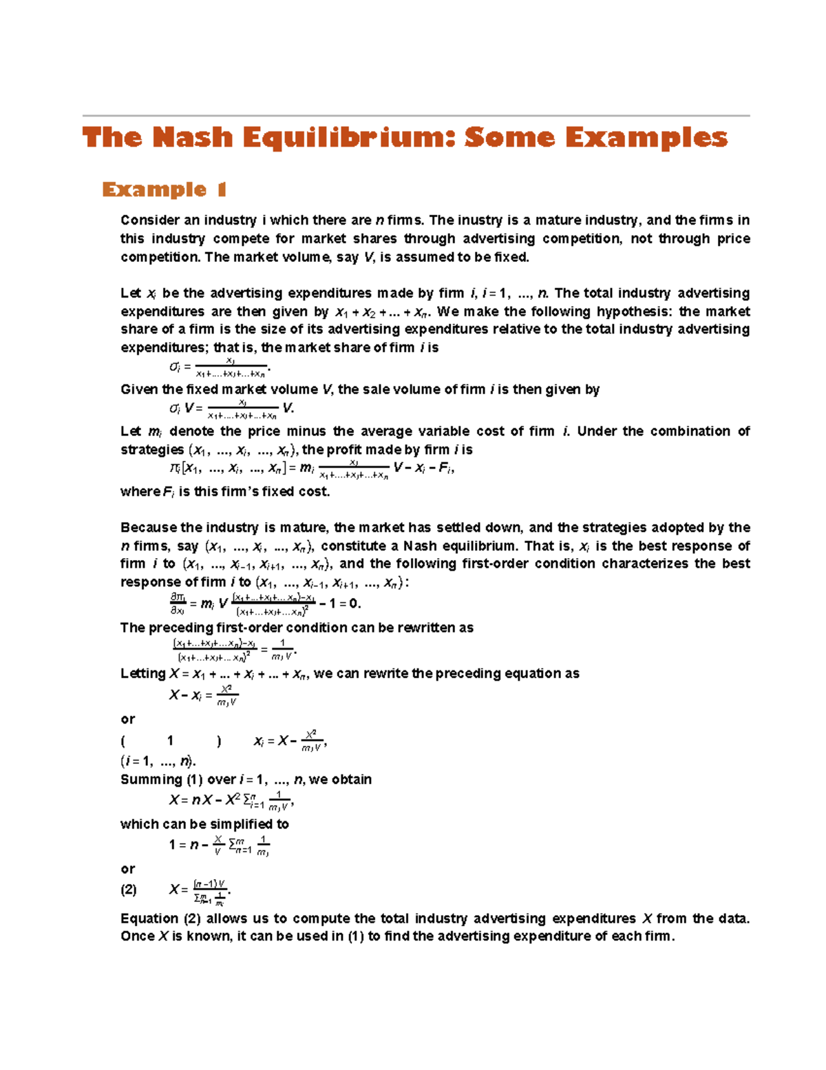 ECO4170 A00 15 01 2019 - The Nash Equilibrium: Some Examples Example 1 ...