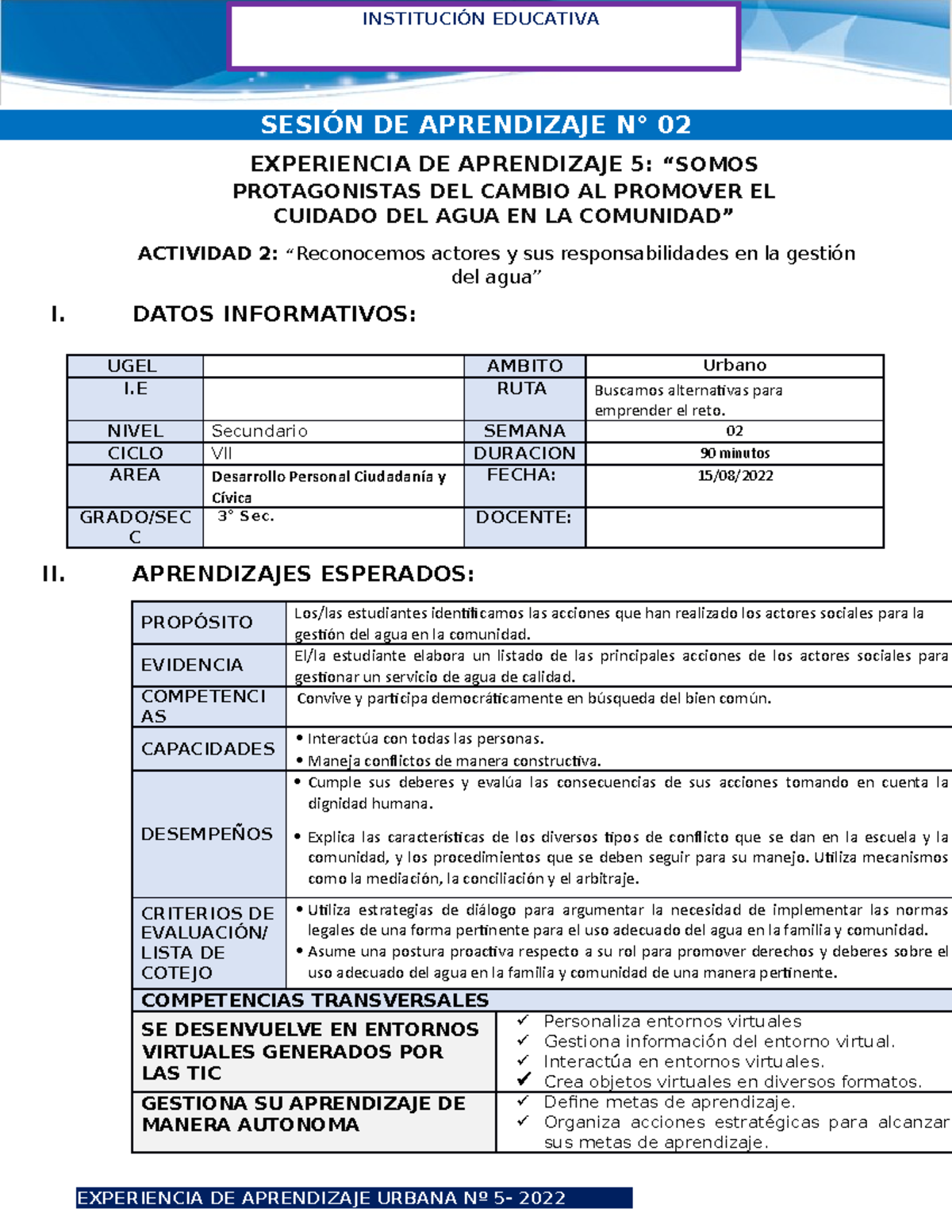 3° DPCC Sesion 2 EXP 5 URB - SESIÓN DE APRENDIZAJE N° 02 EXPERIENCIA DE APRENDIZAJE 5: “SOMOS ...