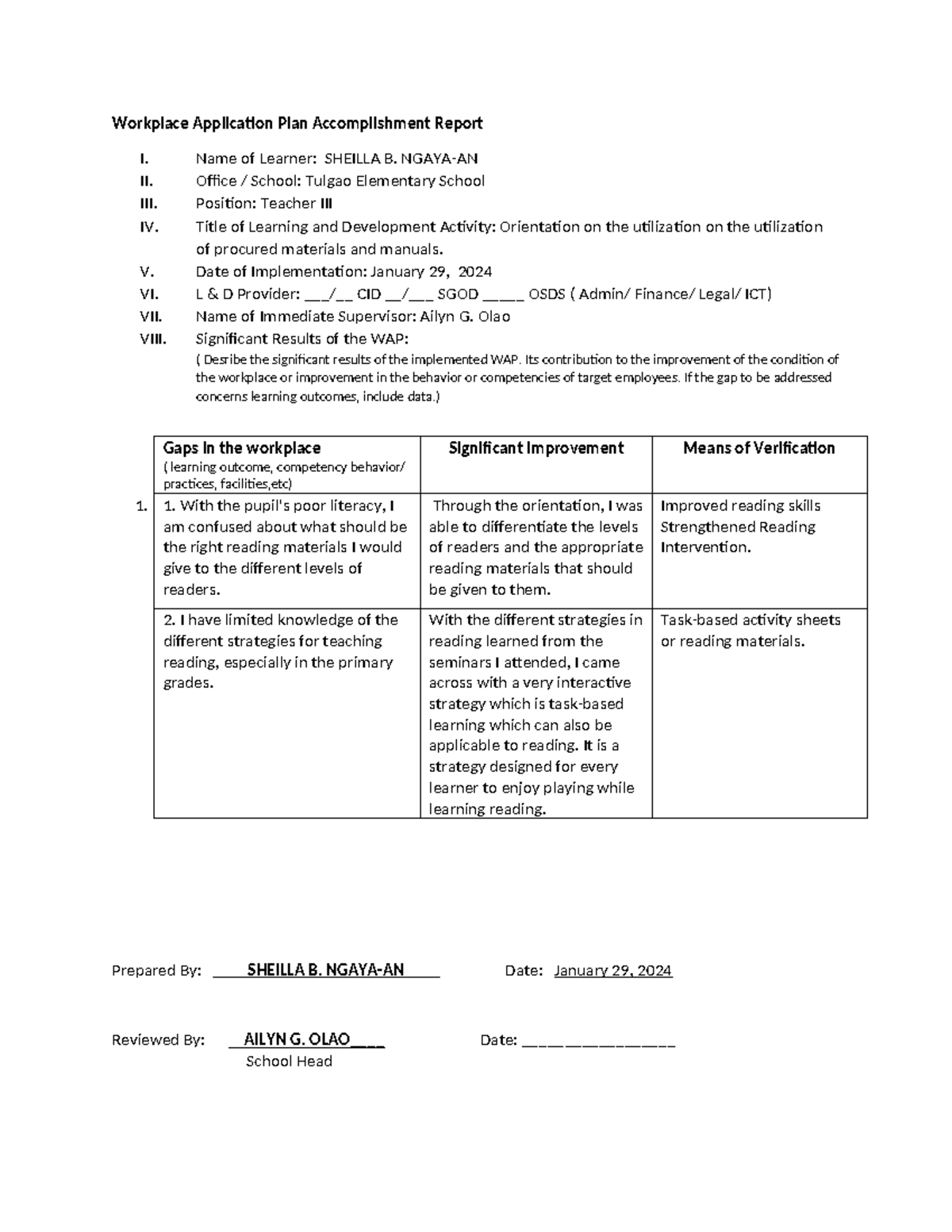 WAP - Orientation Accomplishment Report - Workplace Application Plan ...