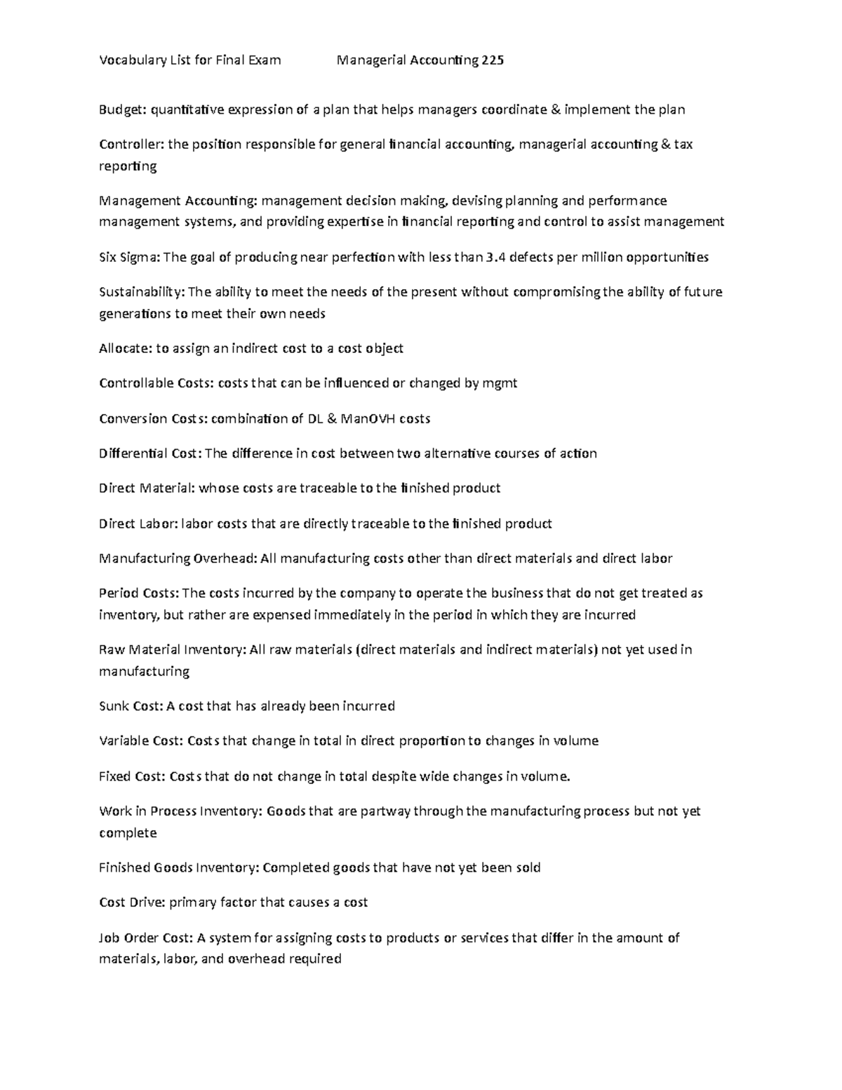 Final Exam Vocabulary Vocabulary List For Final Exam Managerial