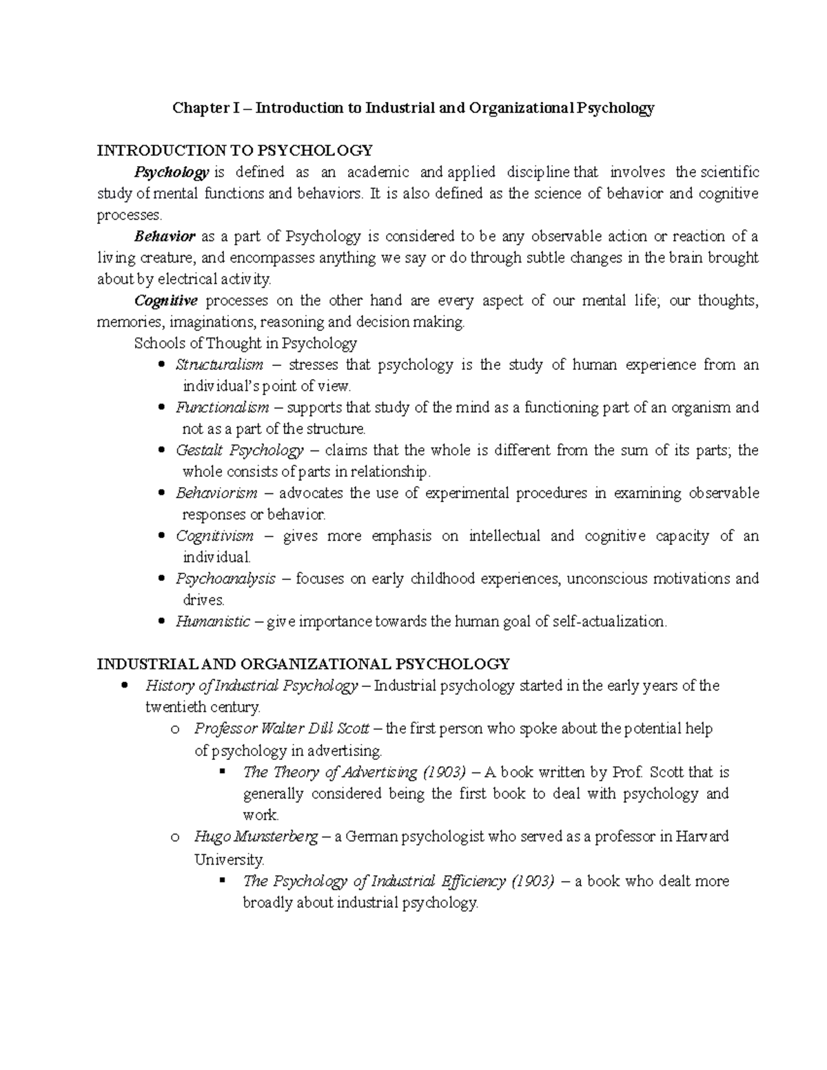 Industrial Organizational Psychology 8E - Chapters 1 to 5 Summary - Chapter I – Introduction to ...