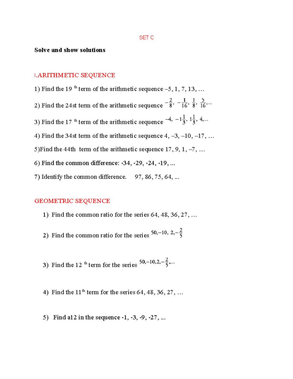 SET C - lecture - SET C Solve and show solutions I SEQUENCE Find the 19 ...