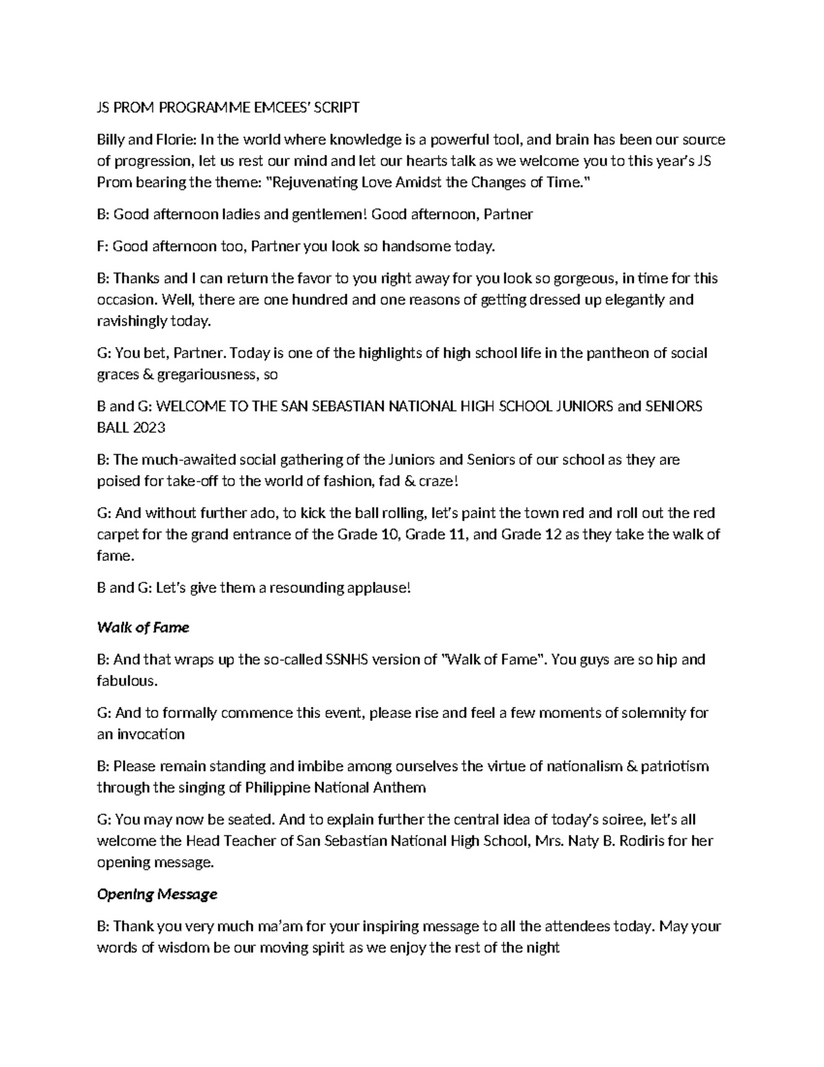 Ssnhs BALL Script - Hehe - JS PROM PROGRAMME EMCEES' SCRIPT Billy and ...