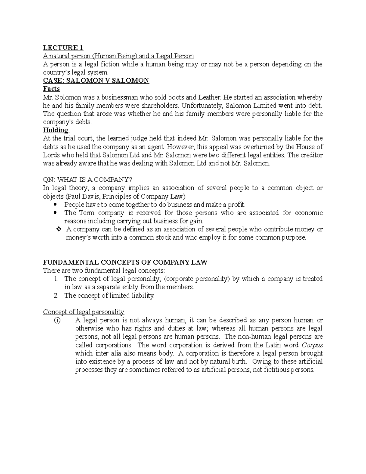 LAW OF Business Associations - LECTURE 1 A natural person (Human Being ...