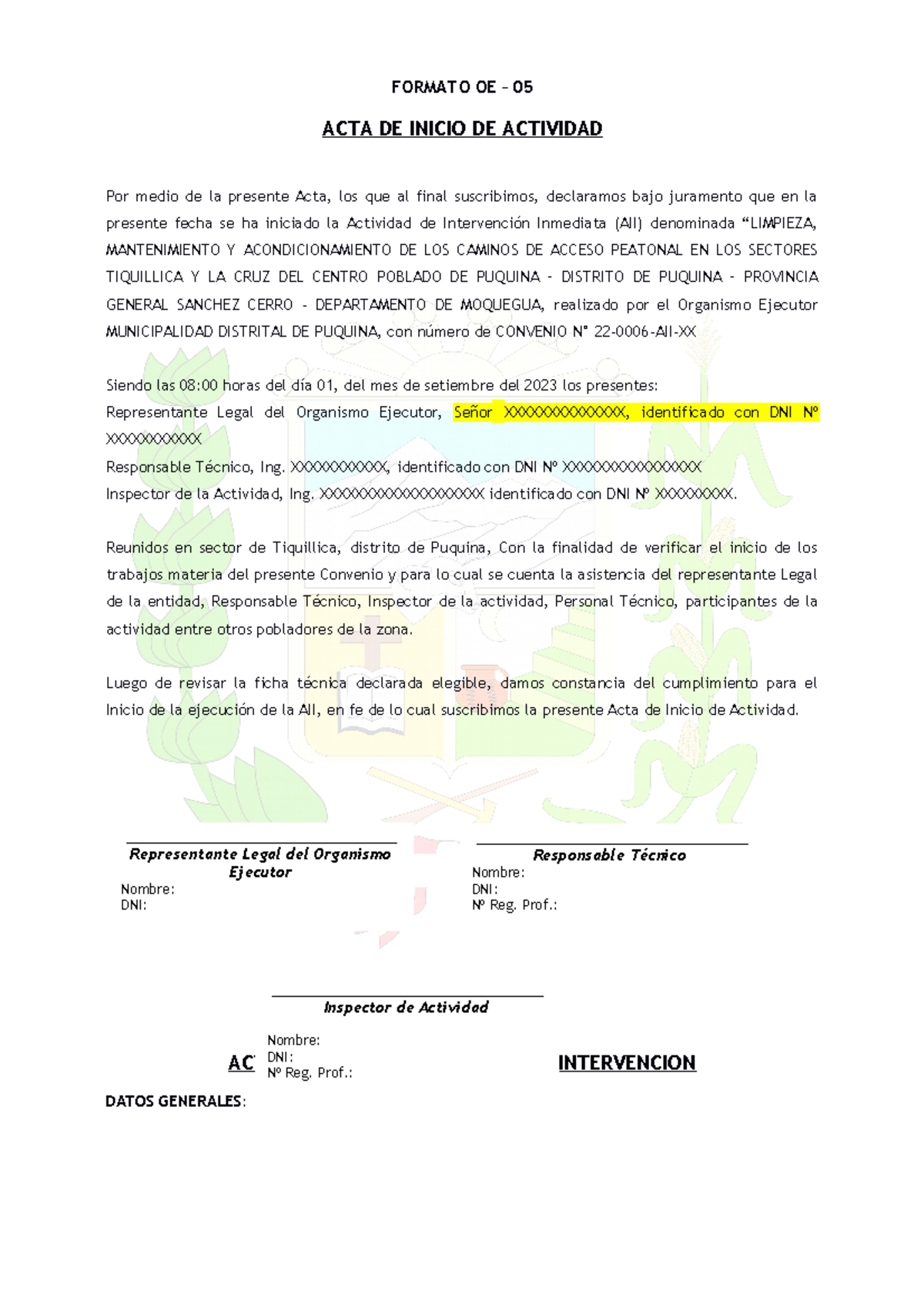 22030302010 4 Formato OE-04 05 (Acta de inicio) Modelo - FORMATO OE – 05 ACTA DE INICIO DE ...