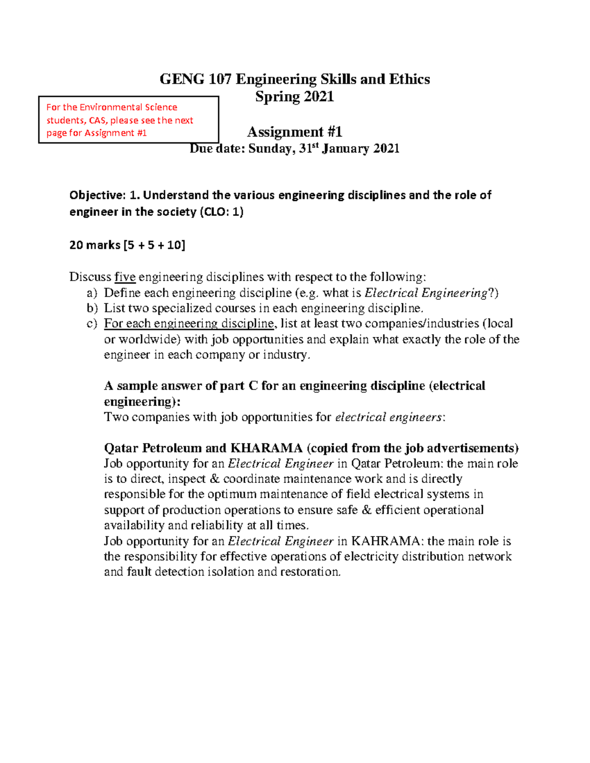 Assignment 1 - Engineering Fields - GENG 107 Engineering Skills and ...