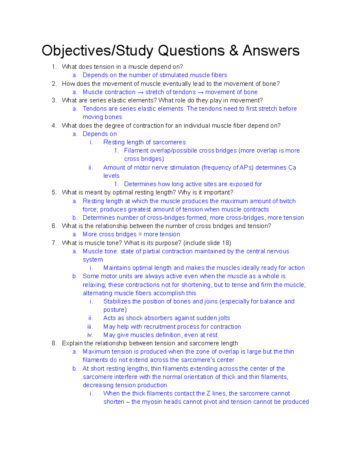 Lecture 18 Muscle Physiology - Objectives/Study Questions & Answers ...