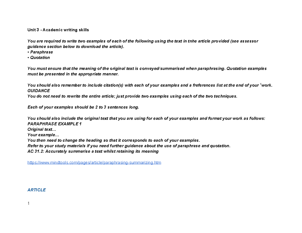 Unit 3 -Acmedic writing skill - Unit 3 - Academic writing skills You ...