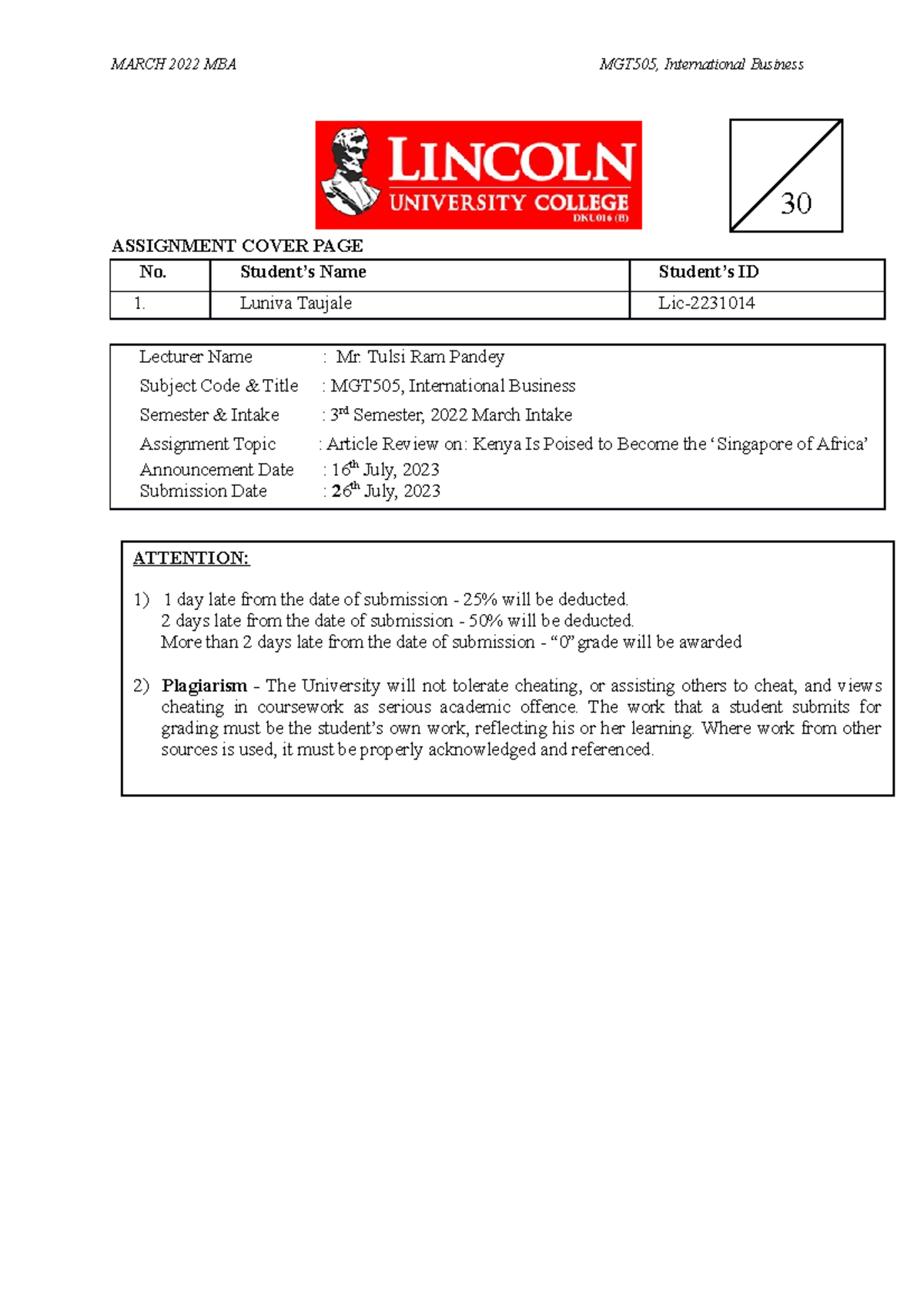 IB Assignment - Details about international business - ASSIGNMENT COVER PAGE No. Student’s Name ...
