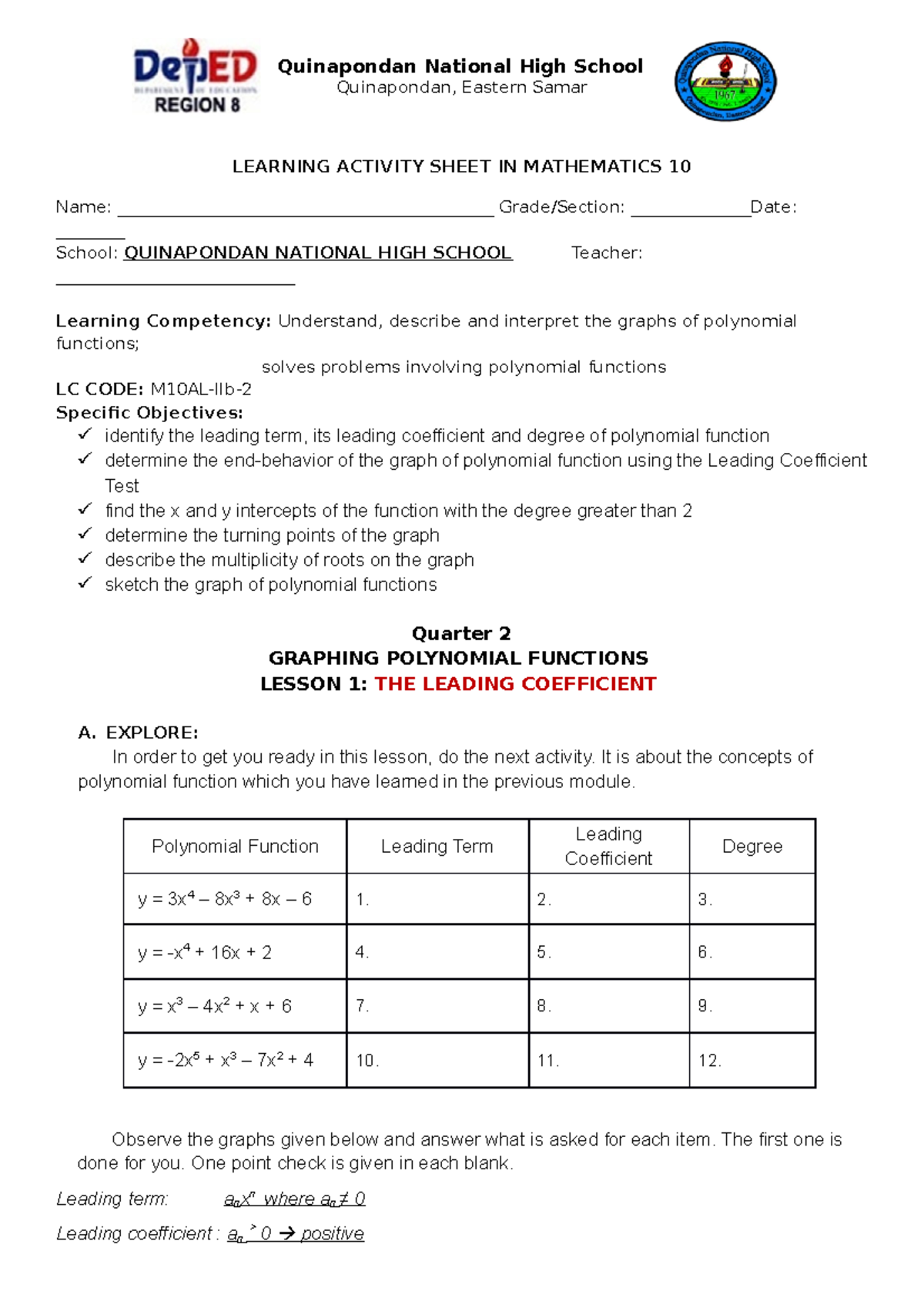 Mathematics 10 Quarter 2 Week 2 - Quinapondan National High School Quinapondan, Eastern Samar ...
