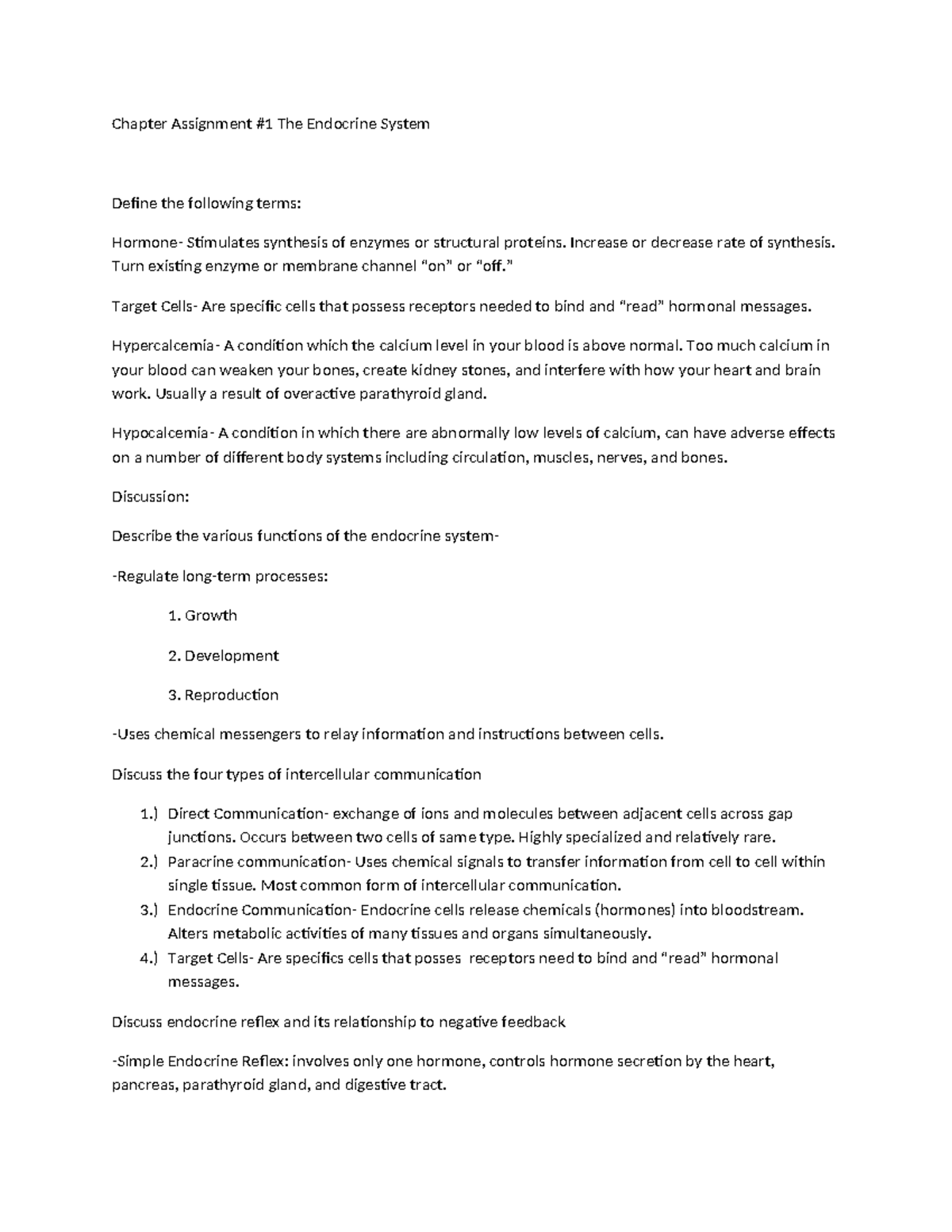 Chapter Assignment 1 The endocrine system - Chapter Assignment #1 The Endocrine System Define ...