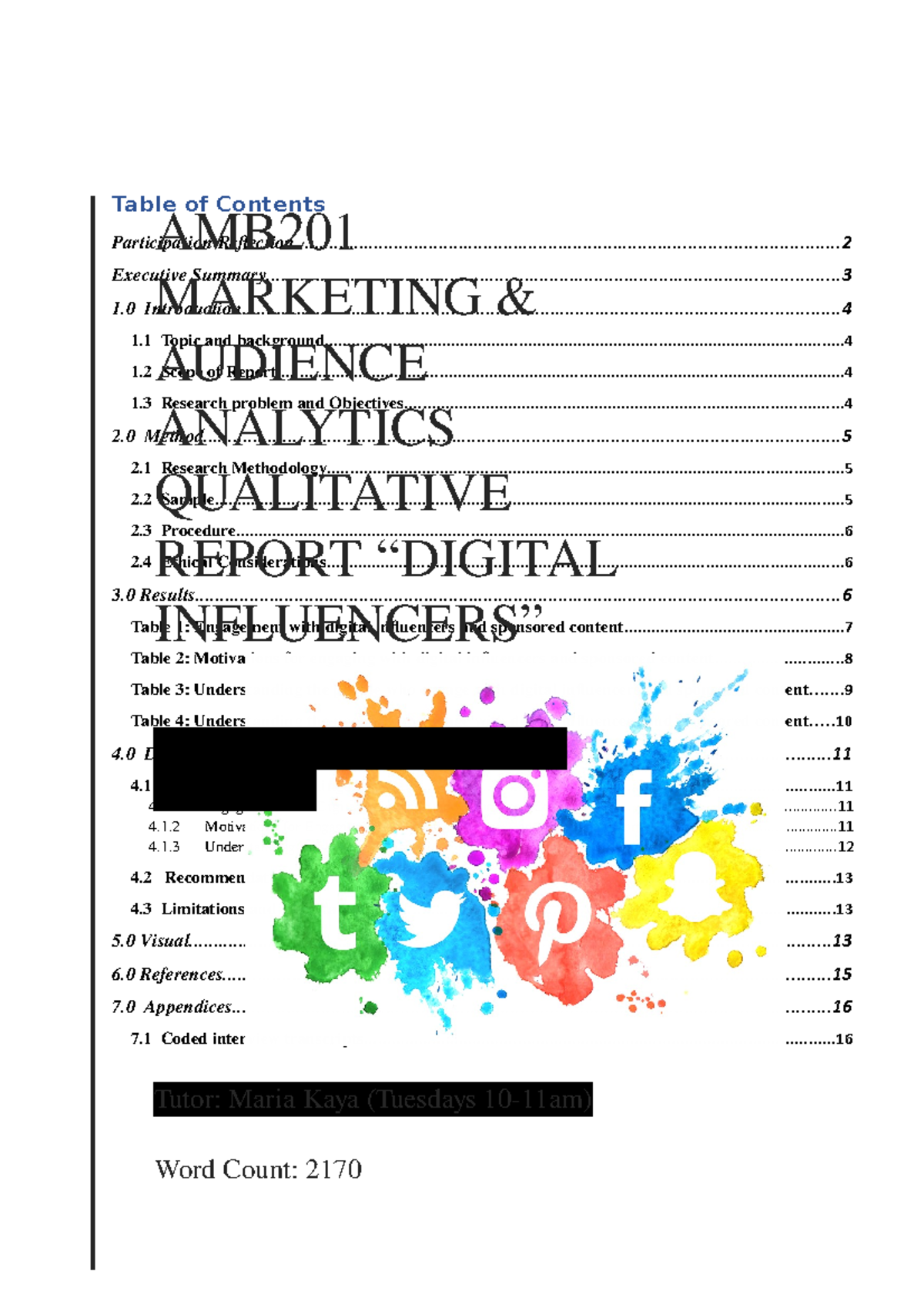 AMB201 Qualitative Report Sample - Table of Contents MARKETING ...