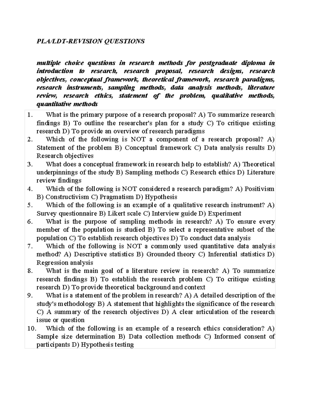 Multiple Choice Questions - PLA/LDT-REVISION QUESTIONS multiple choice ...