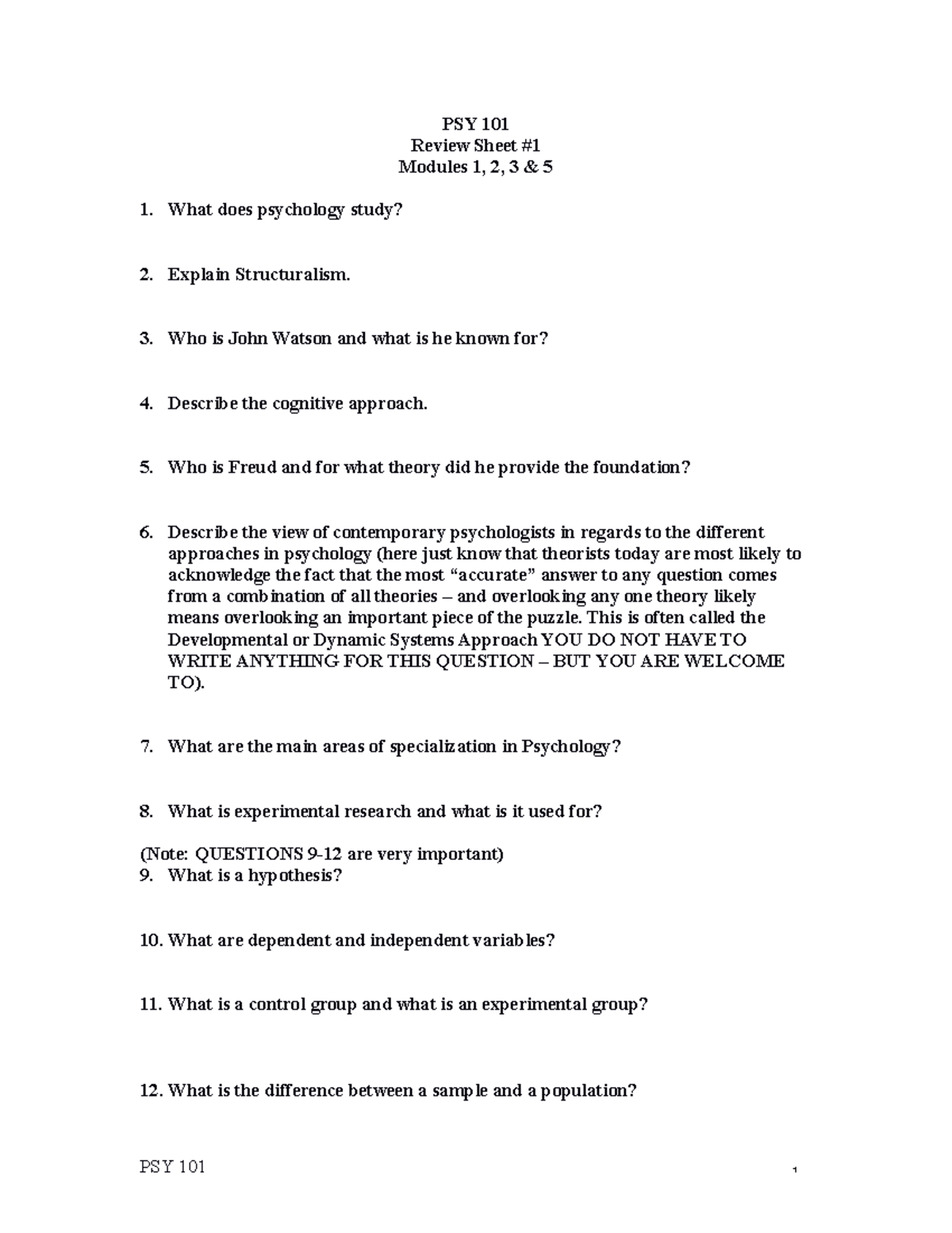 PSY 101-web Review Sheet#1 (2) - PSY 101 Review Sheet # Modules 1, 2, 3 & 5 What does psychology ...