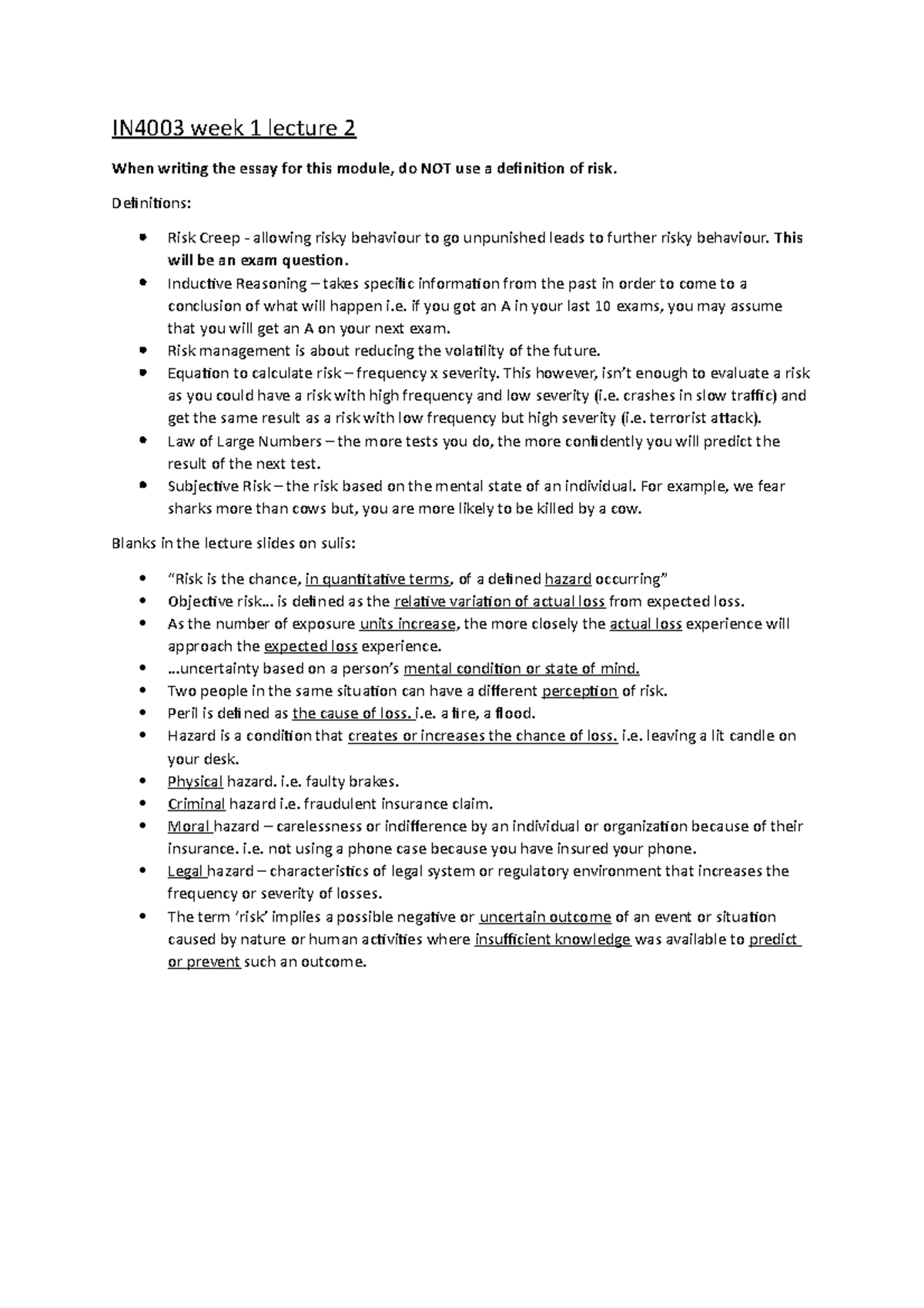 IN4003 week 1 lecture 2 - Summary Principles of Risk Management ...