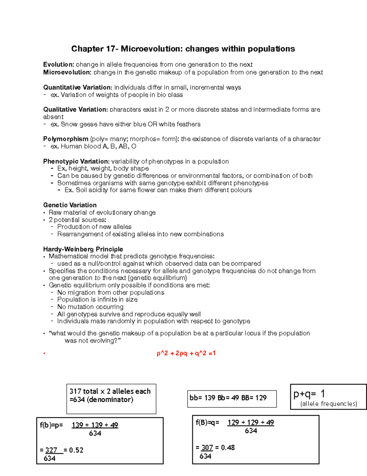 BI111 chapter 17 - Lecture notes - Chapter 17- Microevolution: changes ...