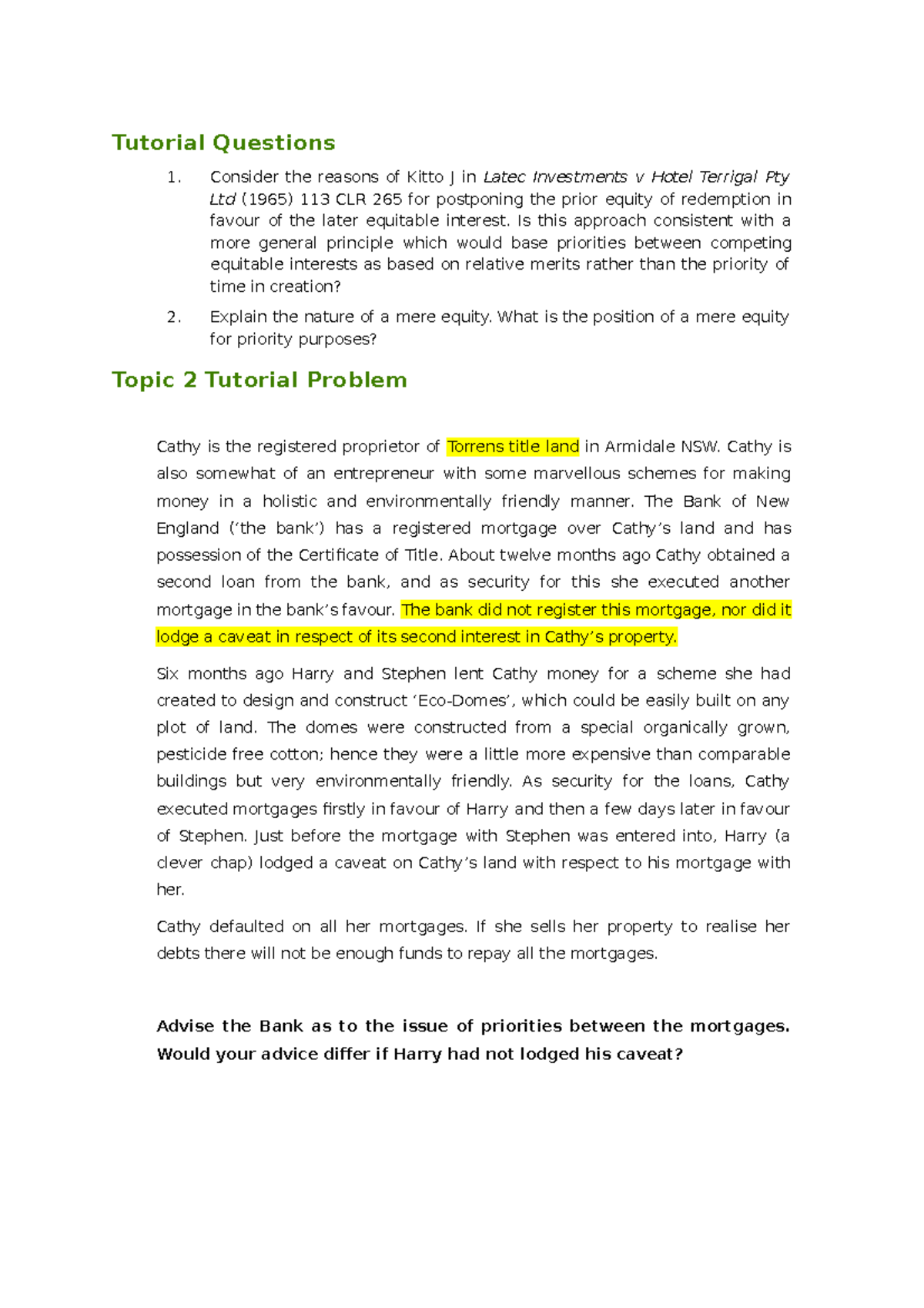 Tutorial Questions - Topic 2 of Equity and Trust - Tutorial Questions ...