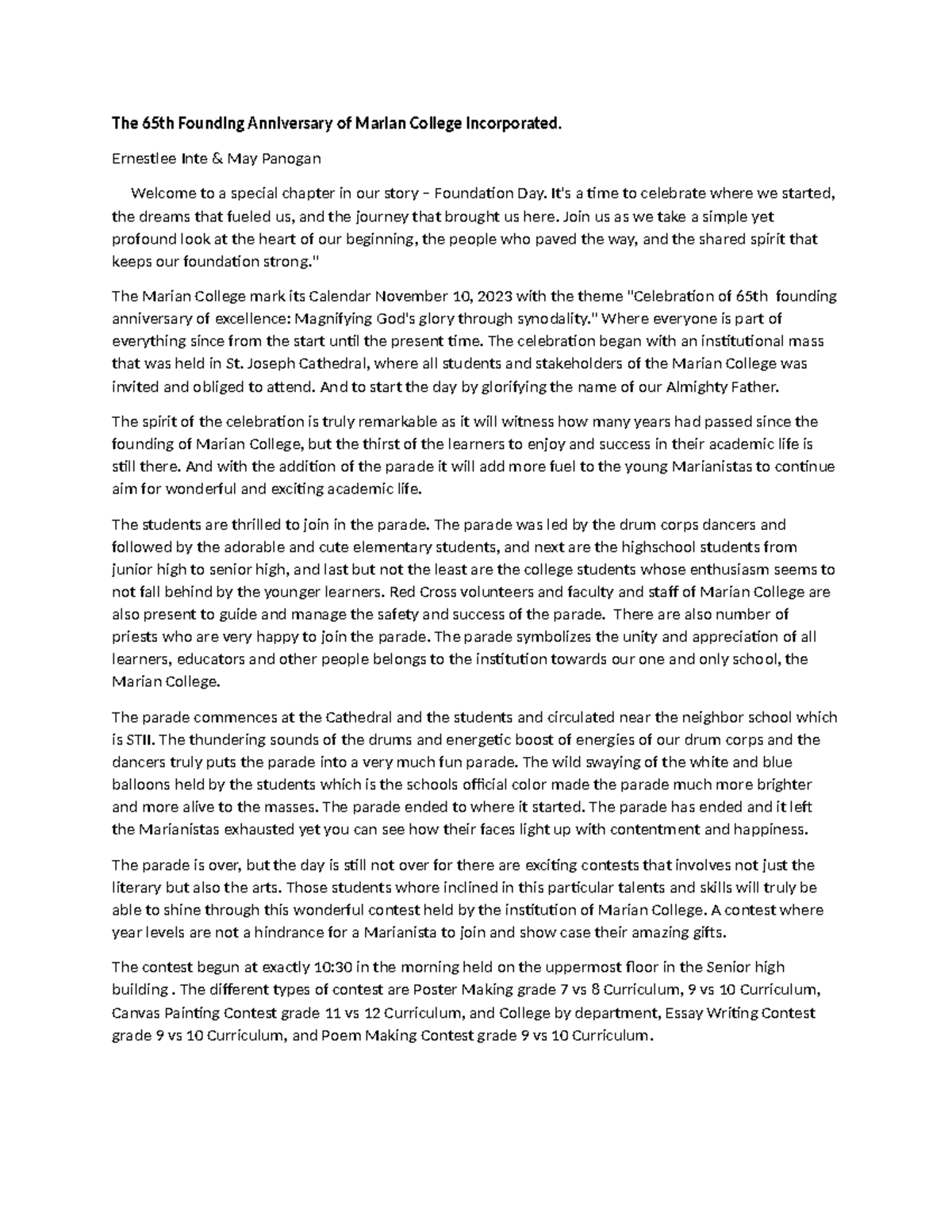 Feature- The 65th Founding Anniversary of Marian College Incorporated ...