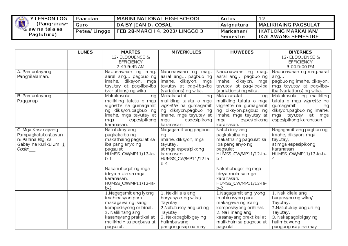 DLL-MP W3-FEB 28- March 4, 2023 - DAILY LESSON LOG (Pang-araw- araw na ...