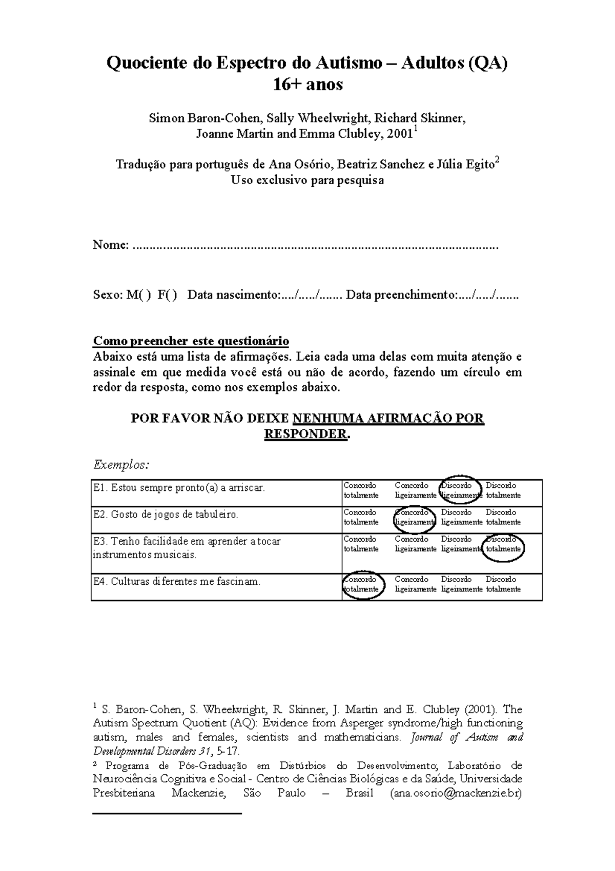 AQ Portugues Brasil - Atividades de vida diária - Quociente do Espectro ...