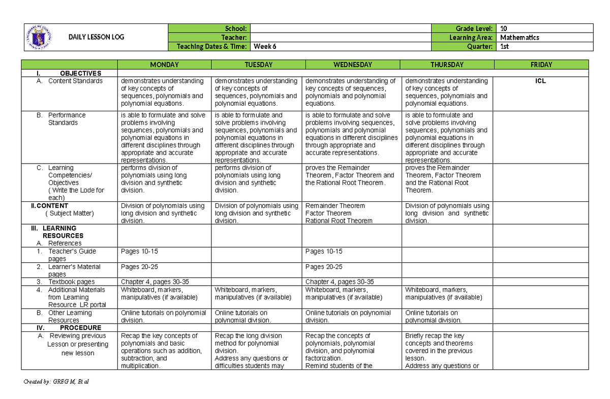 Math10 Wk6 - 123456 - DAILY LESSON LOG School: Grade Level: 10 Teacher ...