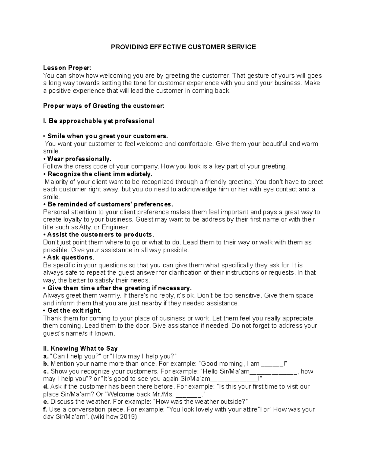 Lesson-6 - notes - PROVIDING EFFECTIVE CUSTOMER SERVICE Lesson Proper ...
