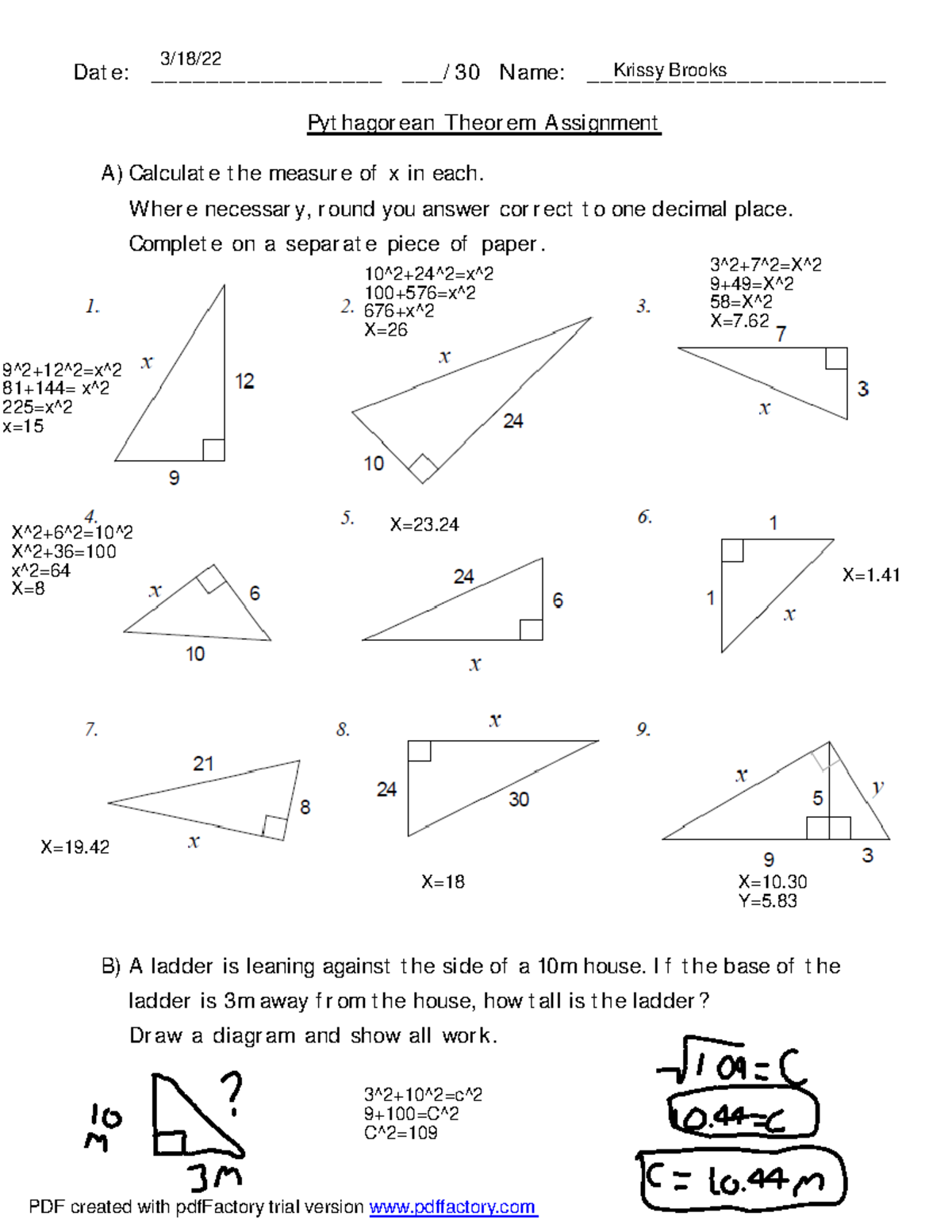 Pythagorean theorem worksheet - Date: _________________ ___/30 Name ...
