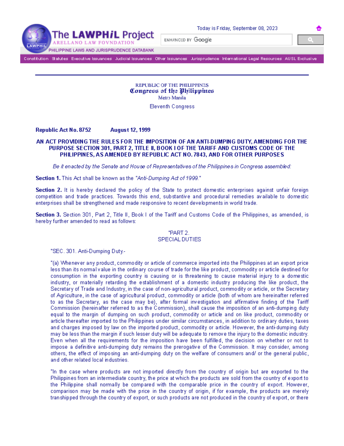 R.A. 8752 - sss - Constitution Statutes Executive Issuances Judicial ...