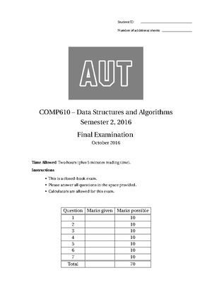 Data Structures and Algorithms - COMP610 - AUT - Studocu