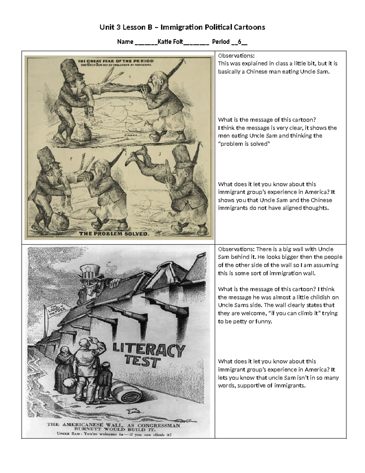 Immigration Political Cartoons Activity - Unit 3 Lesson B – Immigration ...