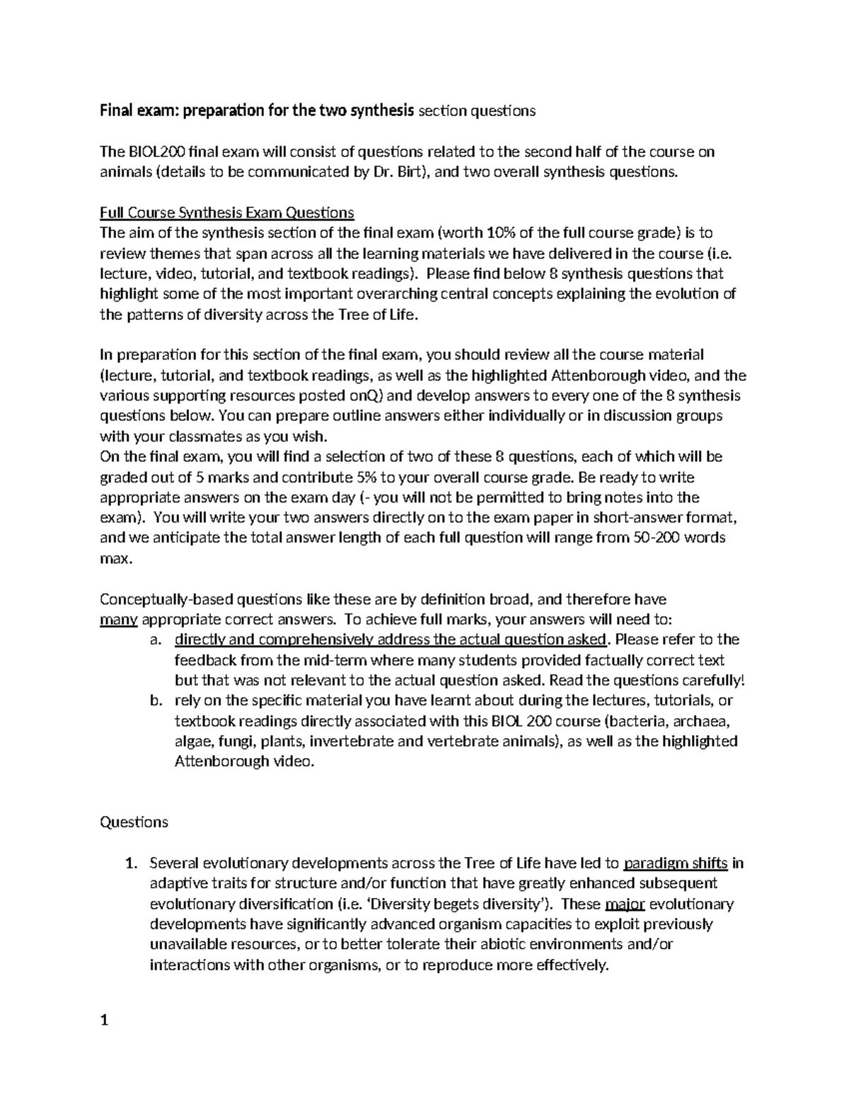 Full Course Synthesis Exam Questions - Final exam: preparation for the ...