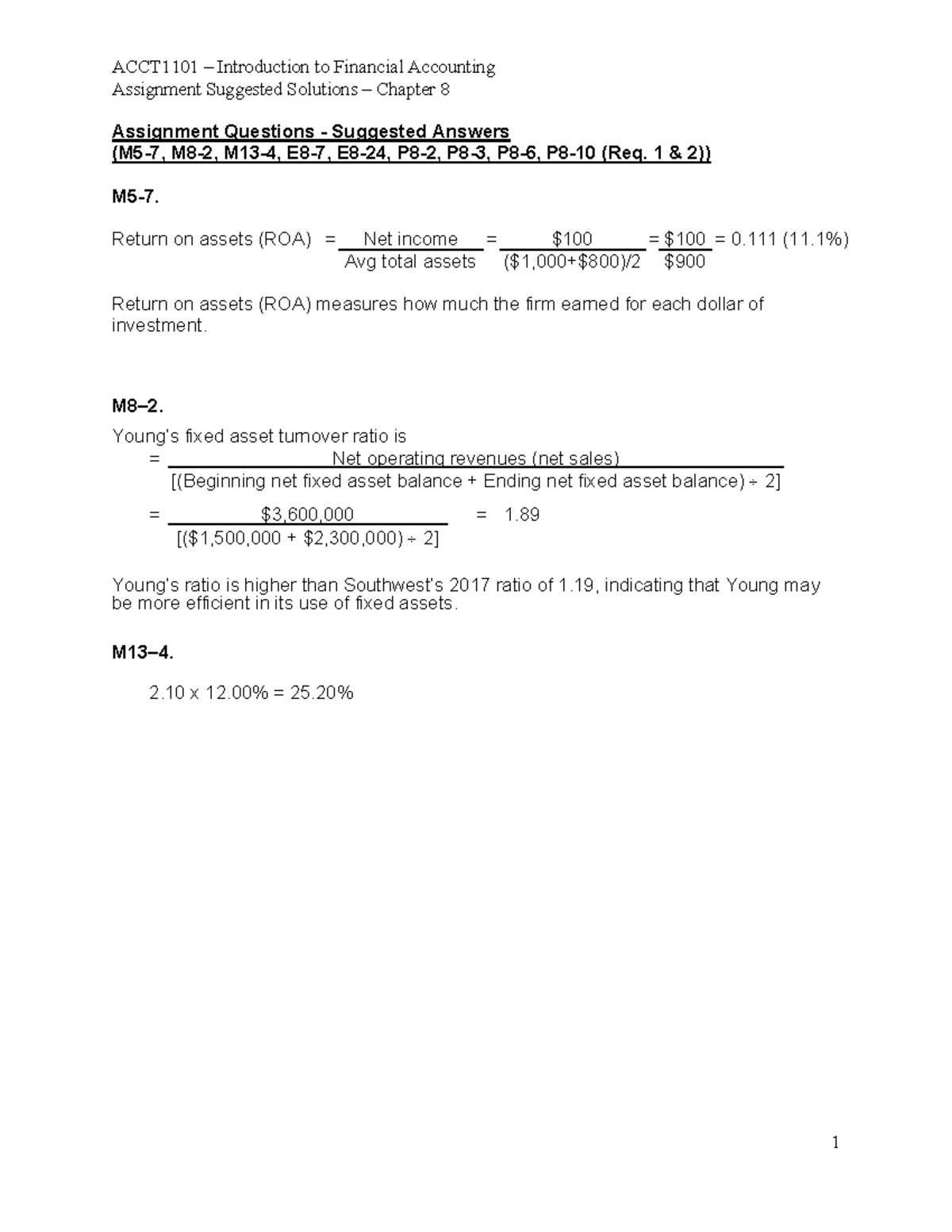 ACCT1101 Solution Chapter 08 - Assignment Suggested Solutions – Chapter ...