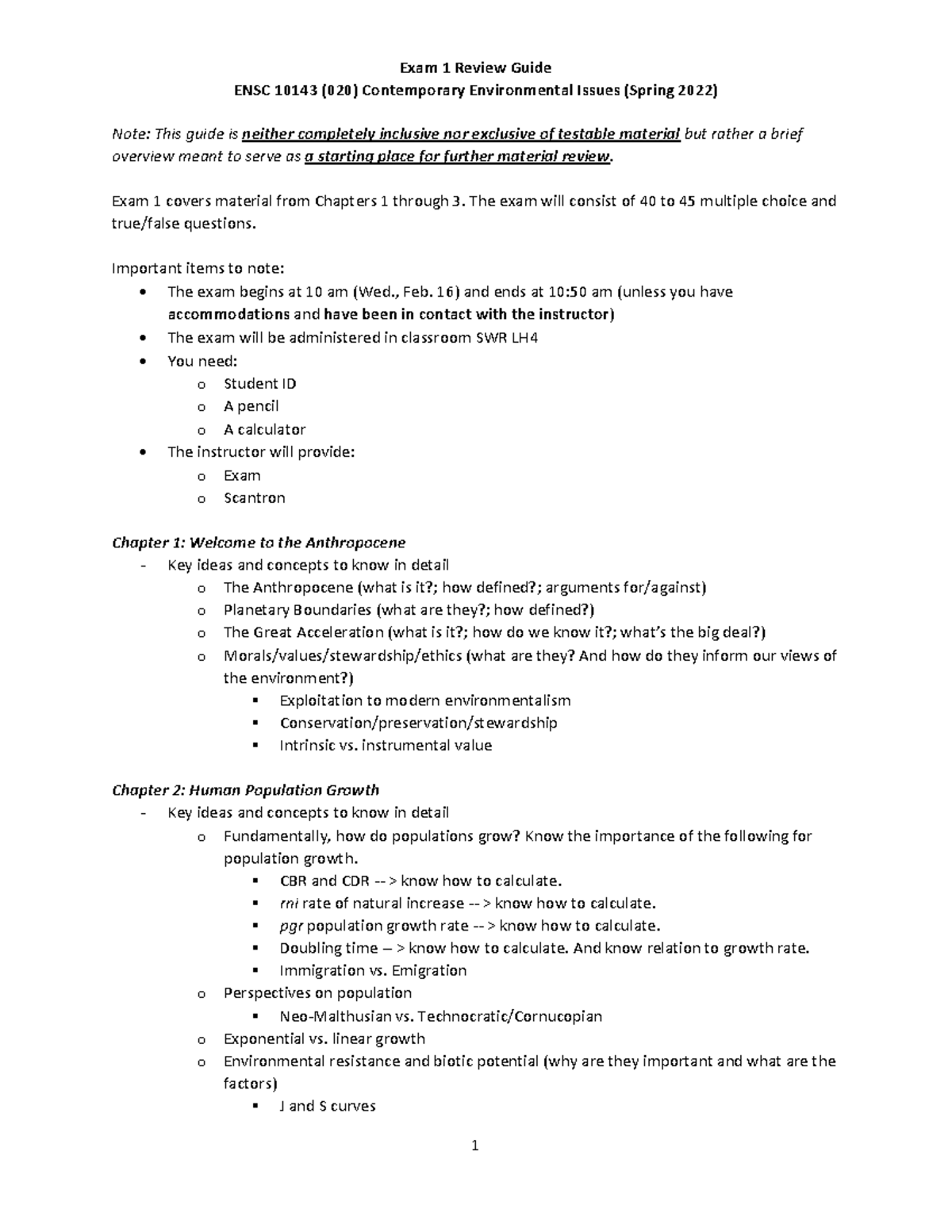 ENSC 10143 Exam1 Review Guide Spr22 - Exam 1 Review Guide ENSC 10143 ...