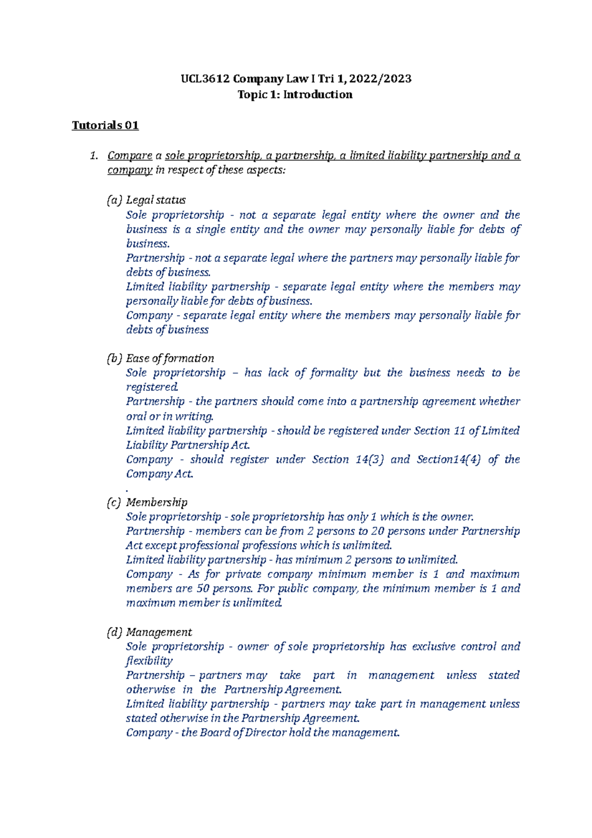 Tutorial 1 woek - UCL3612 Company Law I Tri 1, 2022/ Topic 1 ...