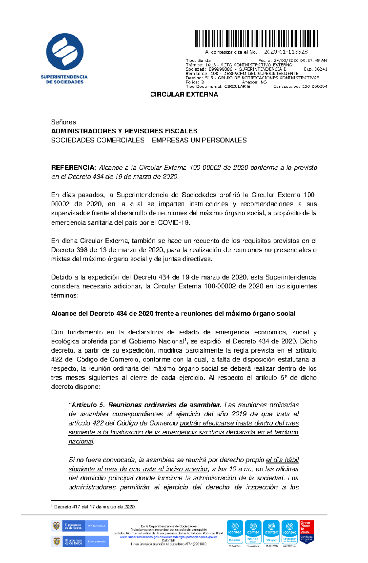 Circular Externa 100-000004 de 24 de marzo de 2020 - CIRCULAR EXTERNA ...