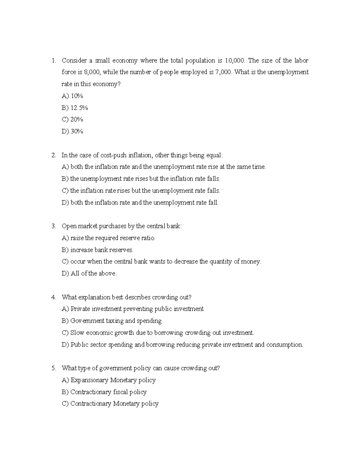 2024 ECO 212 LEC 1 Practice TEST - 1. Consider a small economy where ...