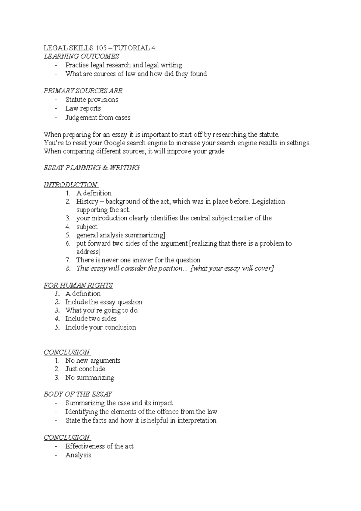 Legal Skills 105 – Tutorial 4 - LEGAL SKILLS 105 – TUTORIAL 4 LEARNING ...