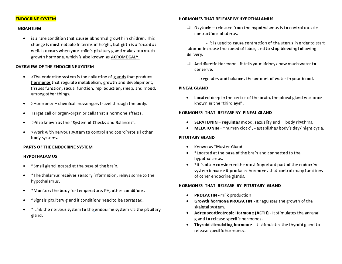 Endocrine System- Notes - ENDOCRINE SYSTEM GIGANTISM is a rare ...