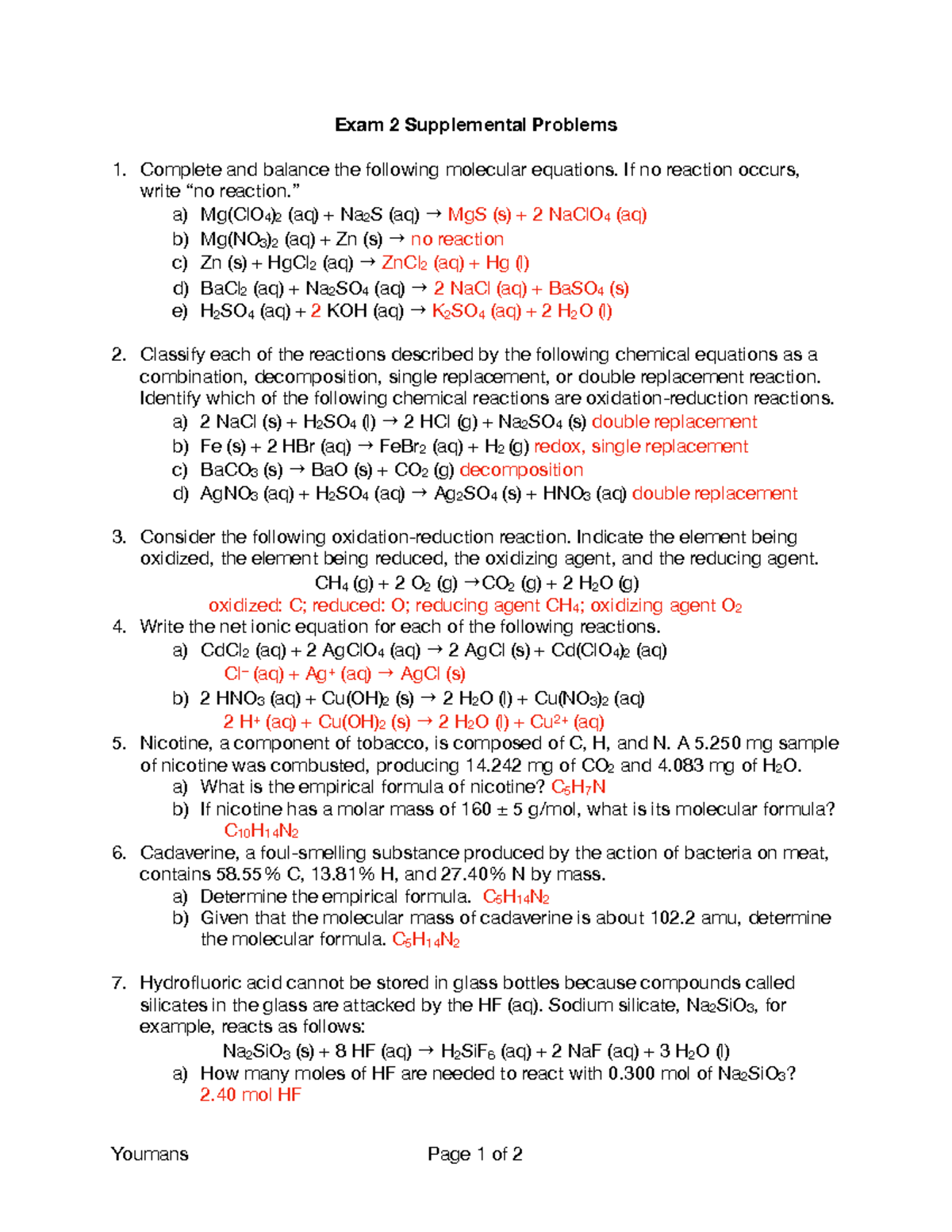 Exam 2 Supplemental Problems V2 with Answers f211 - Exam 2 Supplemental Problems Complete and ...