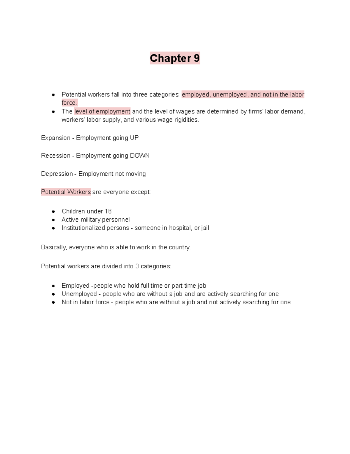 ECO 211 chapter 9 - Chapter 9 Potential workers fall into three ...